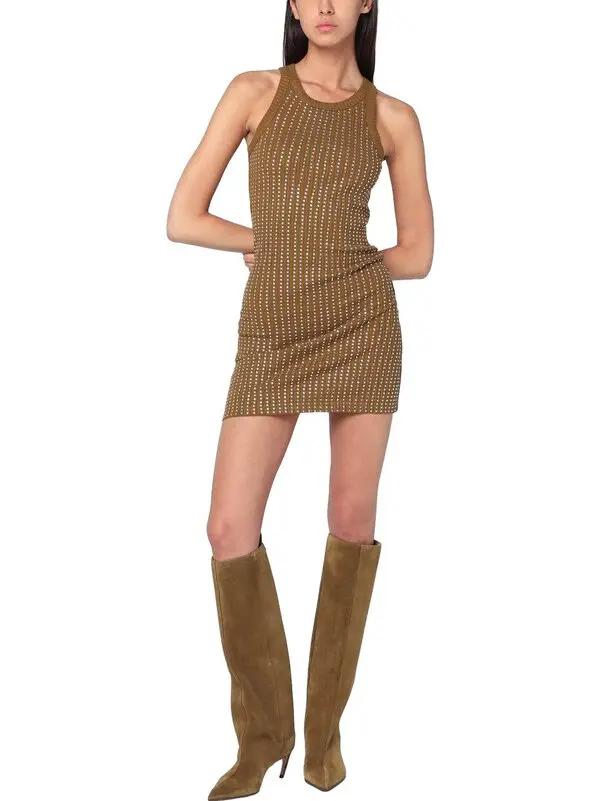 Attico Ribbed Mini Dress With Rhinestones - Green