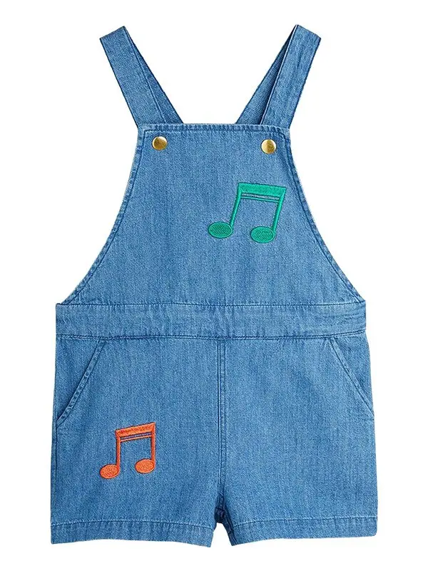 MINI RODINI Denim Overalls With Musical Note Embroidery - Blue