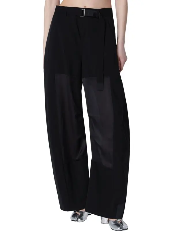 Sacai Wide-leg Wool Trousers With Paneled Inserts And Belt - Black