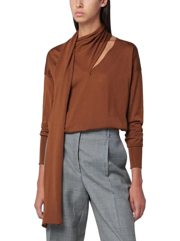ROBERTO COLLINA Wool Sweater With Integrated Scarf - Brown