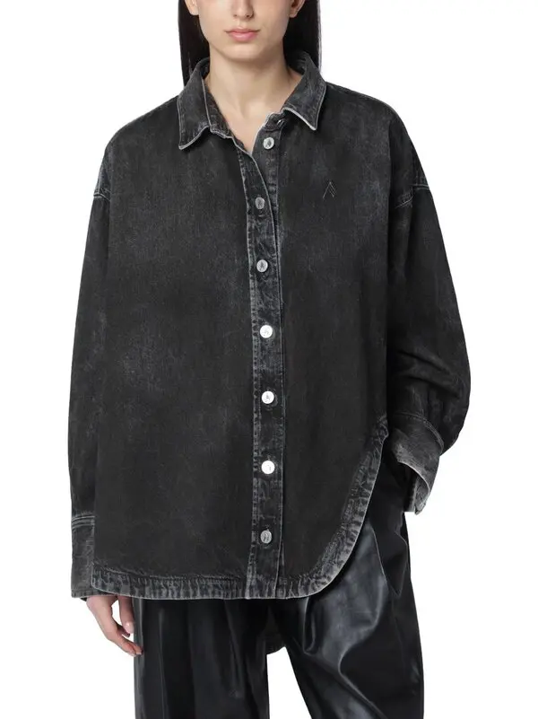 Attico Washed Denim Shirt With Logo Embroidery - Black
