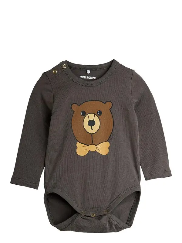 MINI RODINI Bear Print Long Sleeve Bodysuit - Grey