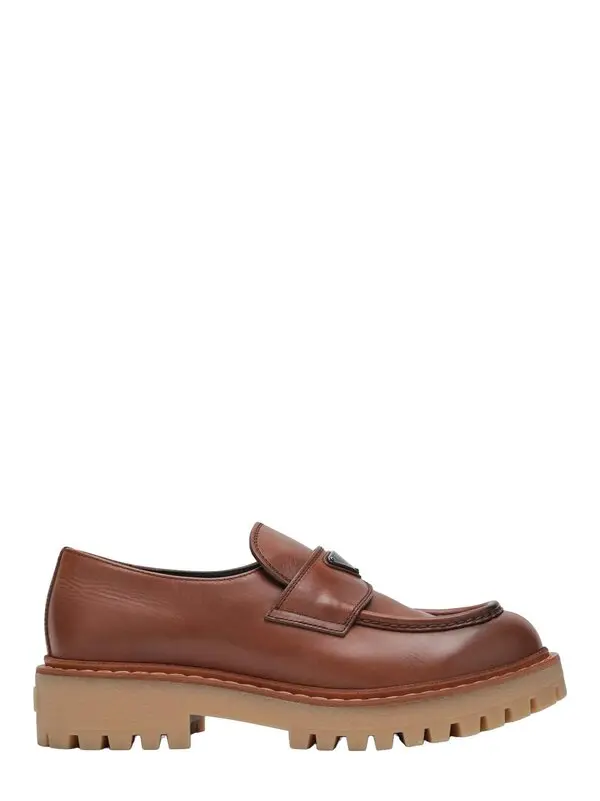Prada Ebony Leather Loafers With Enamelled Triangle Logo - Brown