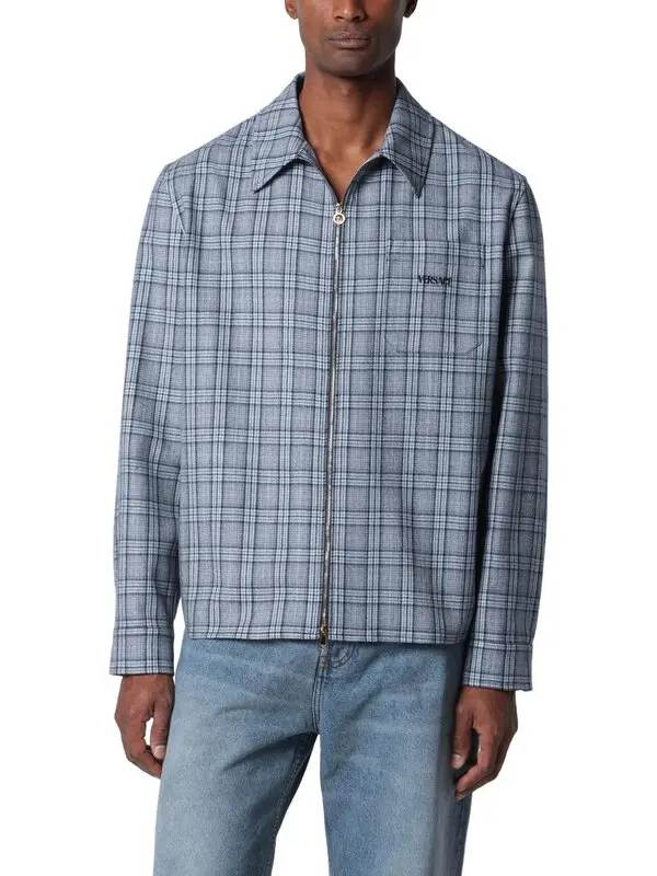 Versace Light Blue Zip-up Checked Shirt - Multicolor