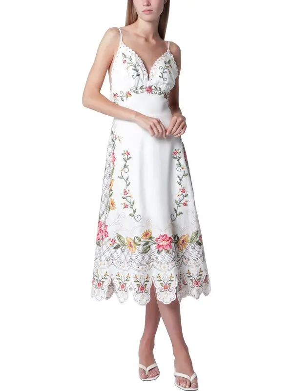 Farm Rio Ivory Midi Dress With Floral Embroidery - White