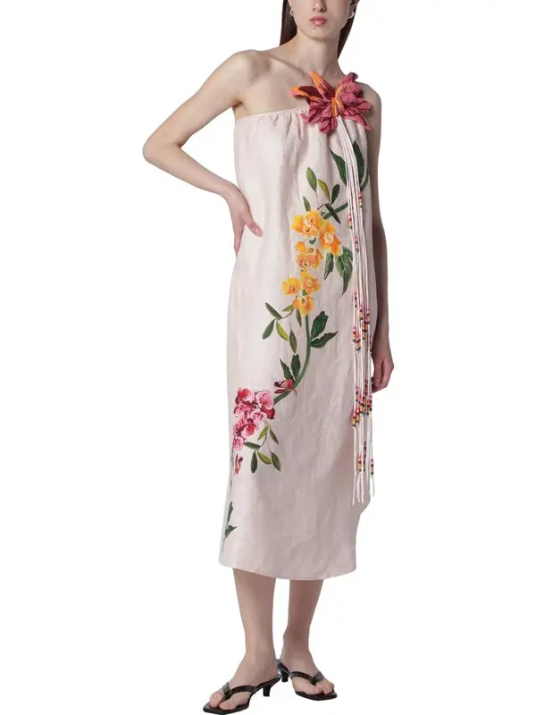 Farm Rio Garden Terrace Strapless Floral Linen Maxi Dress - Pink