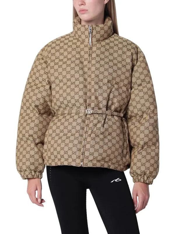 Gucci Beige Gg Fabric Belted Bomber Jacket - Brown