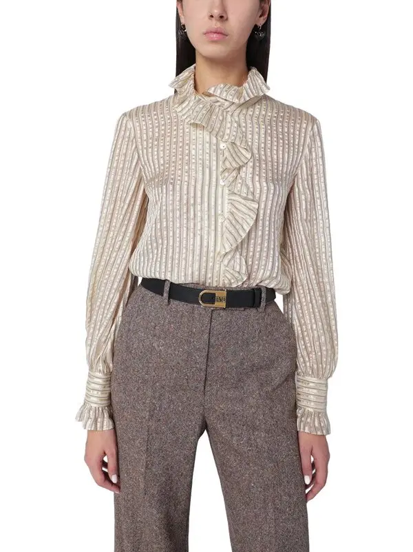 Valentino Garavani Light Beige Striped Silk-blend Shirt With Ruffles - Multicolor