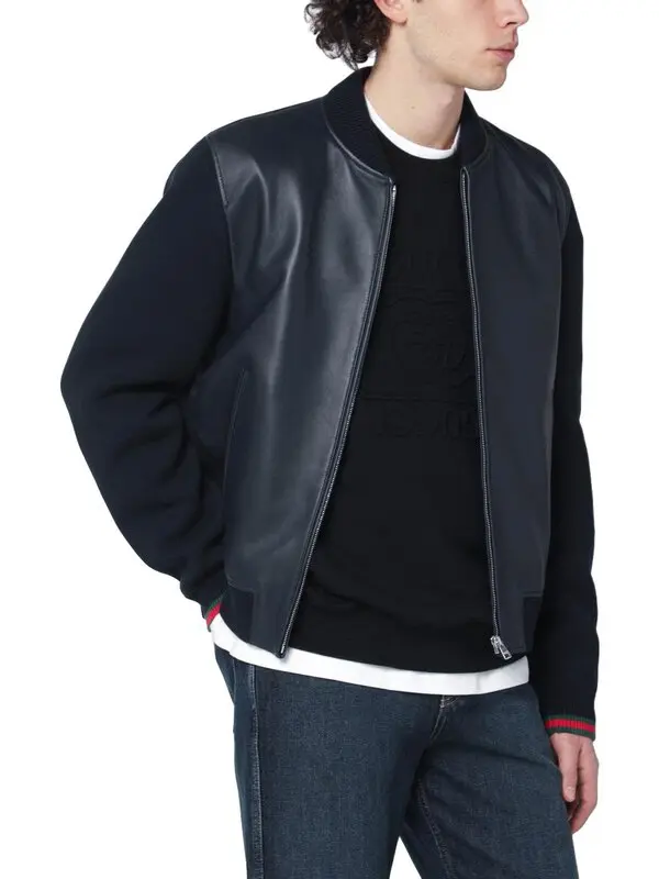 Gucci Navy Nappa Leather And Knit Bomber Jacket - Blue