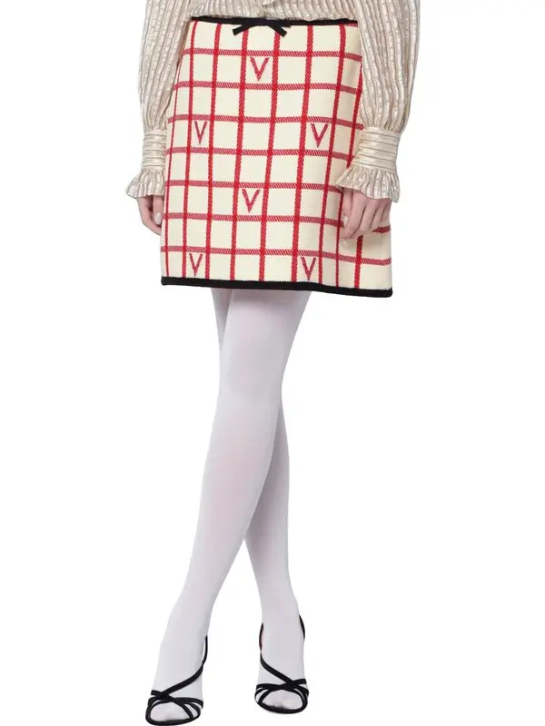 Valentino Garavani Ivory Wool And Cotton-blend Skirt With Check Vlogo Pattern - Multicolor