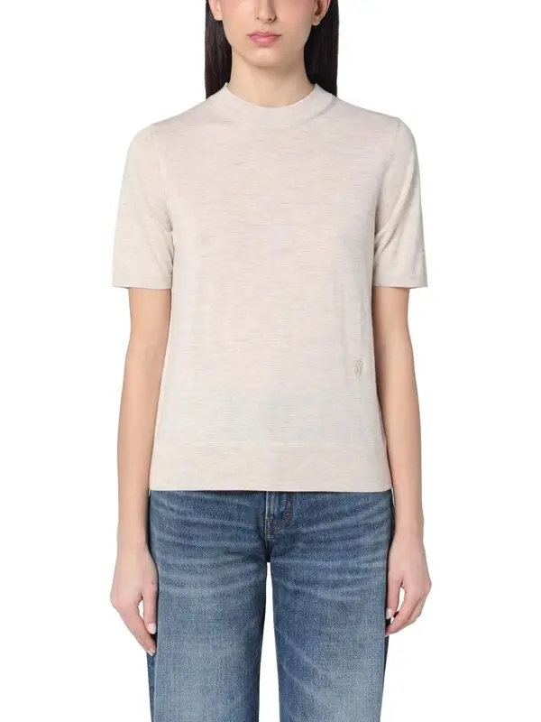 Burberry Beige Wool Crew Neck Sweater With Embroidered Logo And Slit Detail - Brown