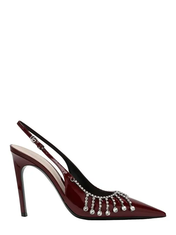 Gucci Patent Leather Pump With Crystal Chain Detail - Red