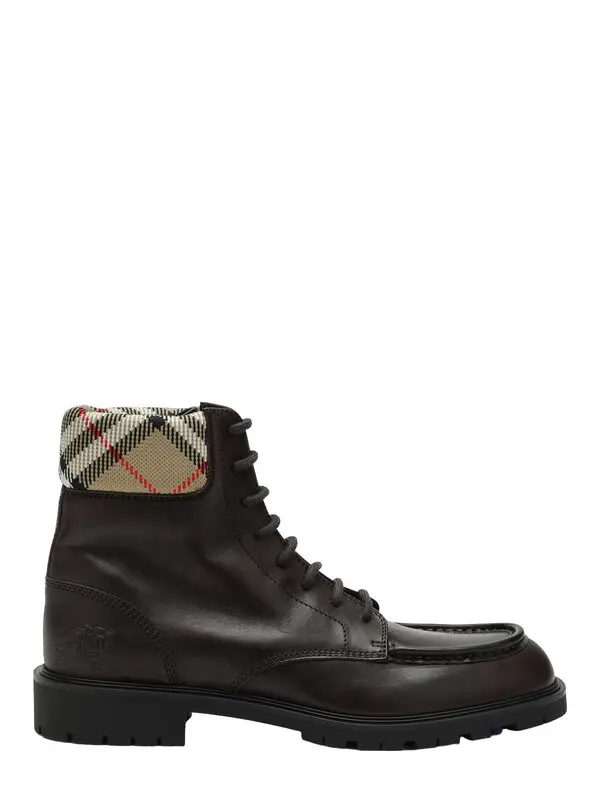Burberry Leather Ankle Boots With Check Fabric Collar - Brown