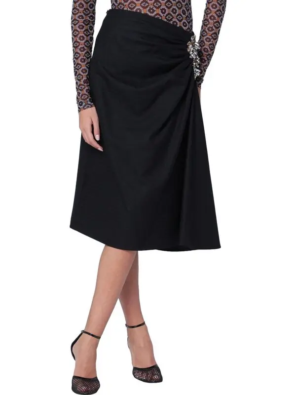 Dries Van Noten Black Draped Skirt With Embellished Brooch - Blue