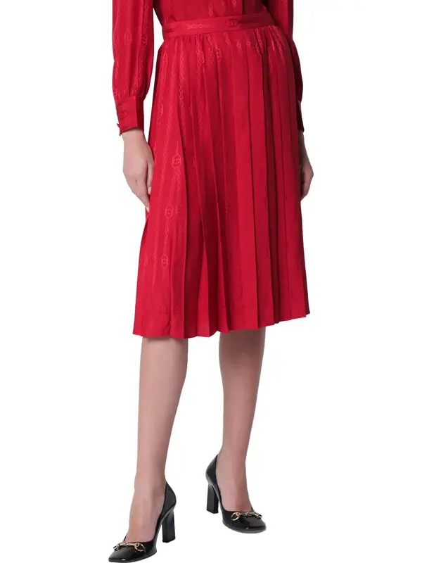 Gucci Pleated Silk Jacquard Midi Skirt With Gg Chain - Red