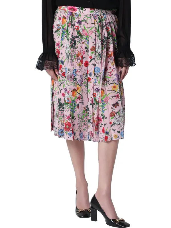 Gucci Flora Print Pleated Silk Midi Skirt - Multicolor