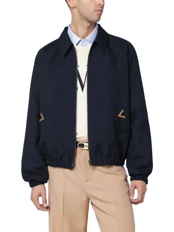 Valentino Garavani Navy Wool Blend Bomber Jacket With Vgold Pockets - Blue