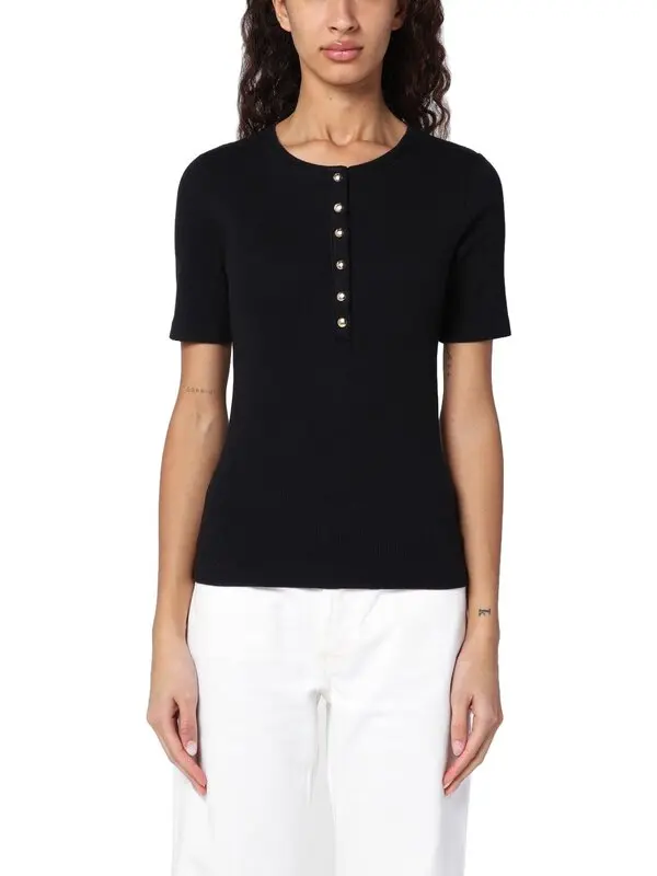 ANINE BING Ribbed Cotton T-shirt With Gold-tone Buttons - Black