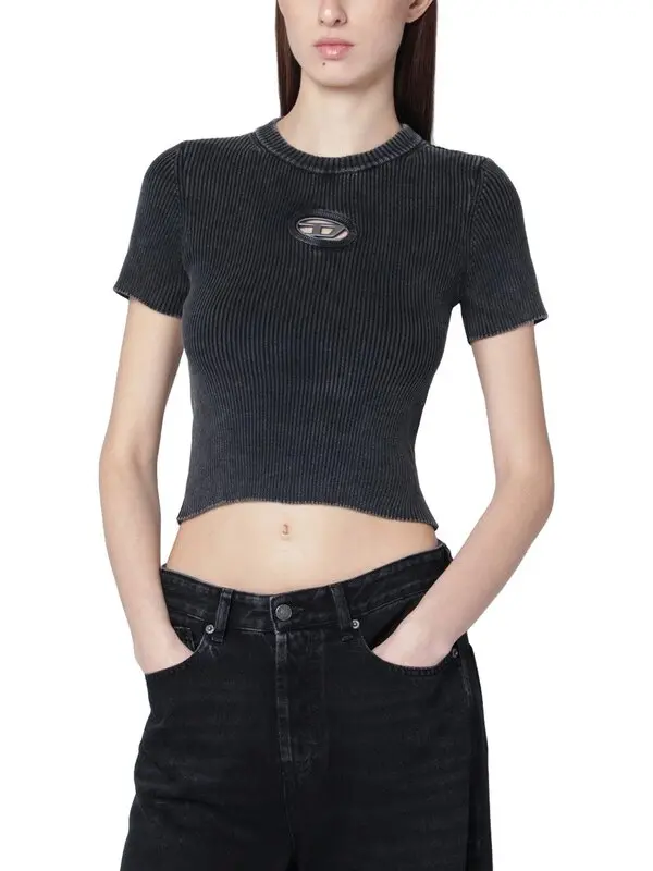 DIESEL® Cropped Washed T-shirt With Metallic Oval D - Black