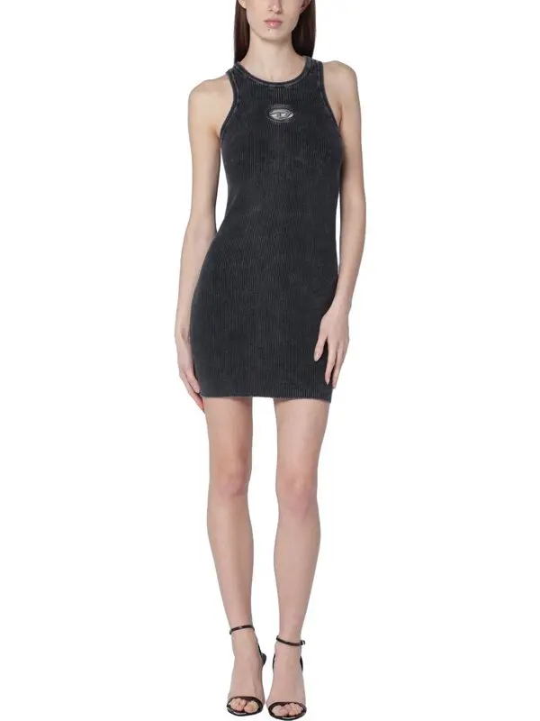 DIESEL® Ribbed Sleeveless Mini Dress With Metallic Logo - Black