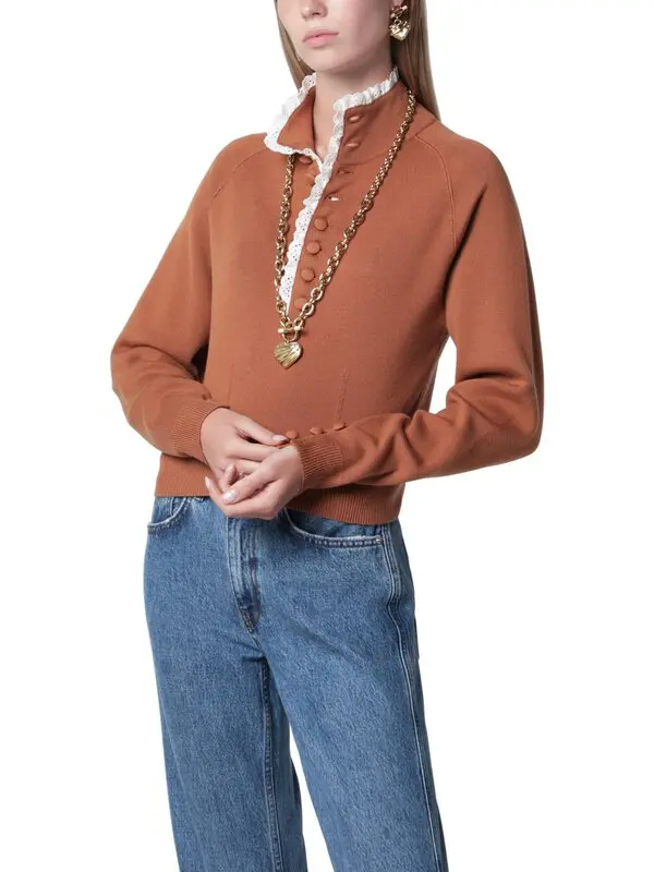 Chloé Cropped Wool Sweater With White Trim - Brown