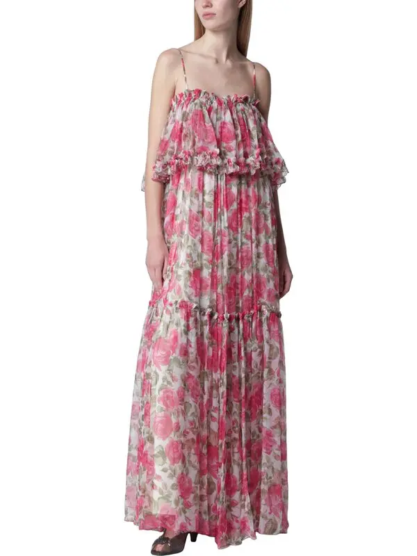 Chloé Long Silk Muslin Dress With Rose Print - Multicolor