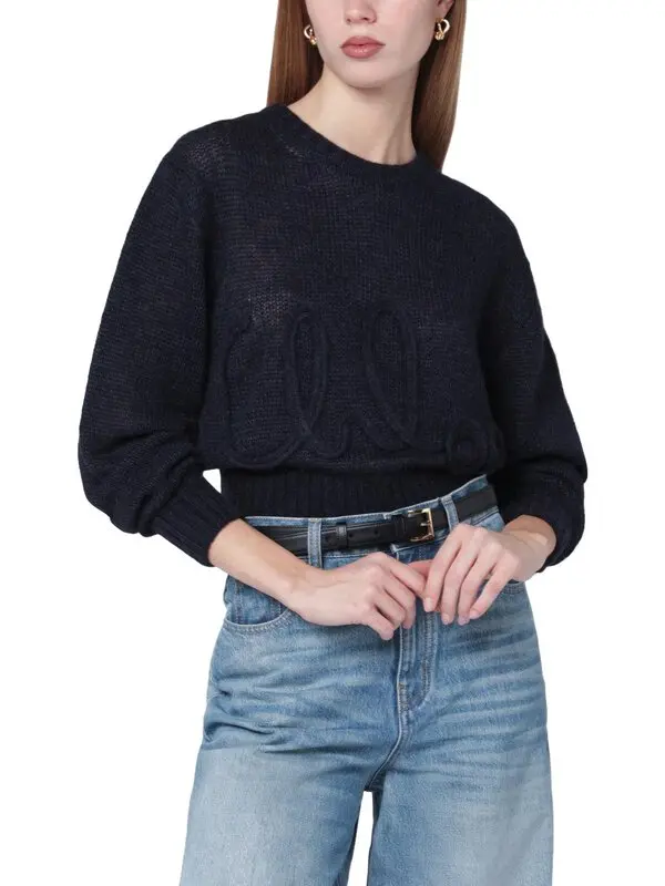 Chloé Navy Alpaca-blend Crewneck Sweater With Embroidered Logo - Blue
