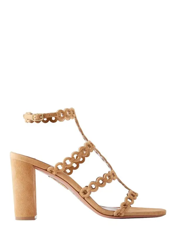 AQUAZZURA Infinity Chain 85 Cutout Suede Block Heel Sandals - Brown
