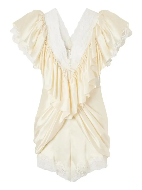 Chloé Ruffled Lace-trimmed Silk-satin Playsuit - Neutrals