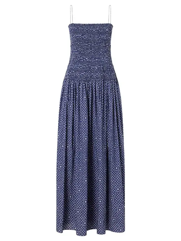 Matteau Shirred Printed Cotton Midi Dress - Blue