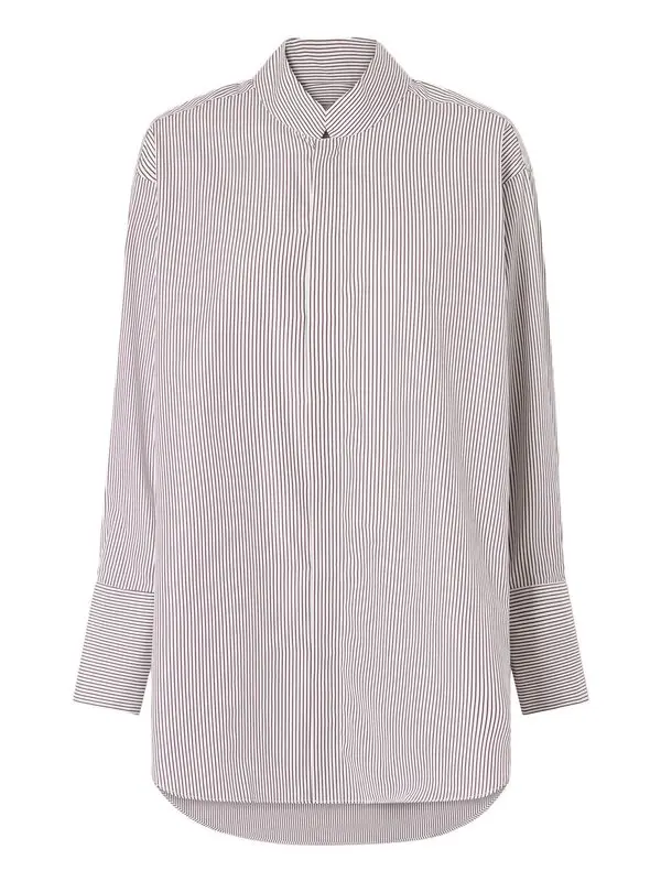 Comme Si Mandarin Collar Striped Cotton Poplin Tunic Shirt - Pink