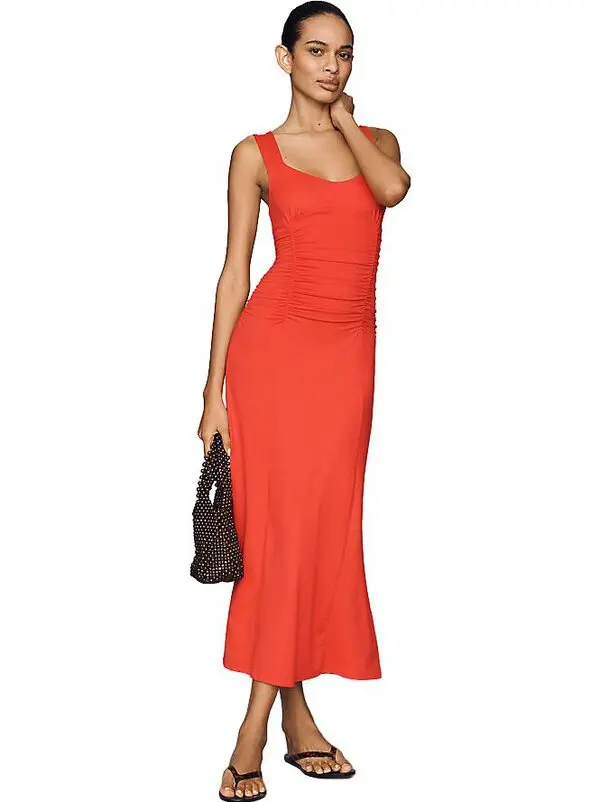 Maeve Ruched Square-neck Knit Midi Dress - Red