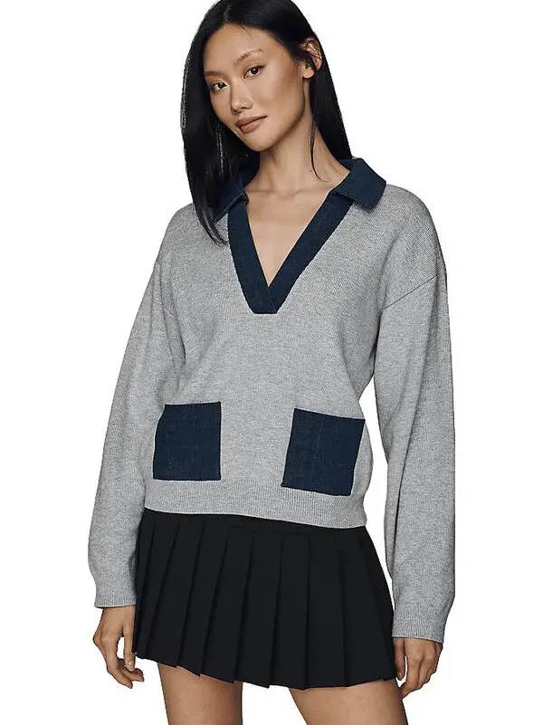 Maeve Collared V-neck Pullover Sweater With Contrast Pockets - Grey