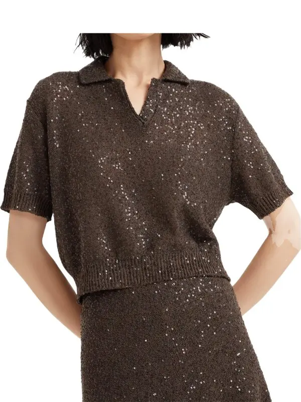 Brunello Cucinelli Sequin Embellished Polo Top - Chocolate-colored