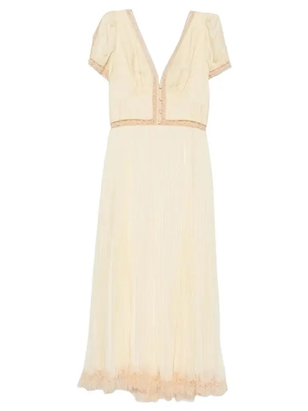 SELF-PORTRAIT Pleated Lace Midi Dress With Pearl Buttons - No