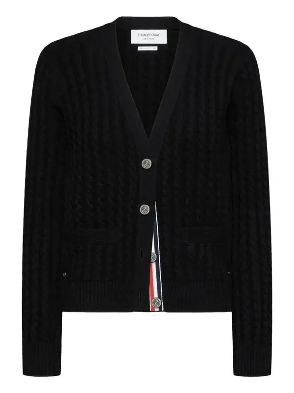 Thom Browne Cable-knit V-neck Cardigan With Rwb Grosgrain Piping - Black