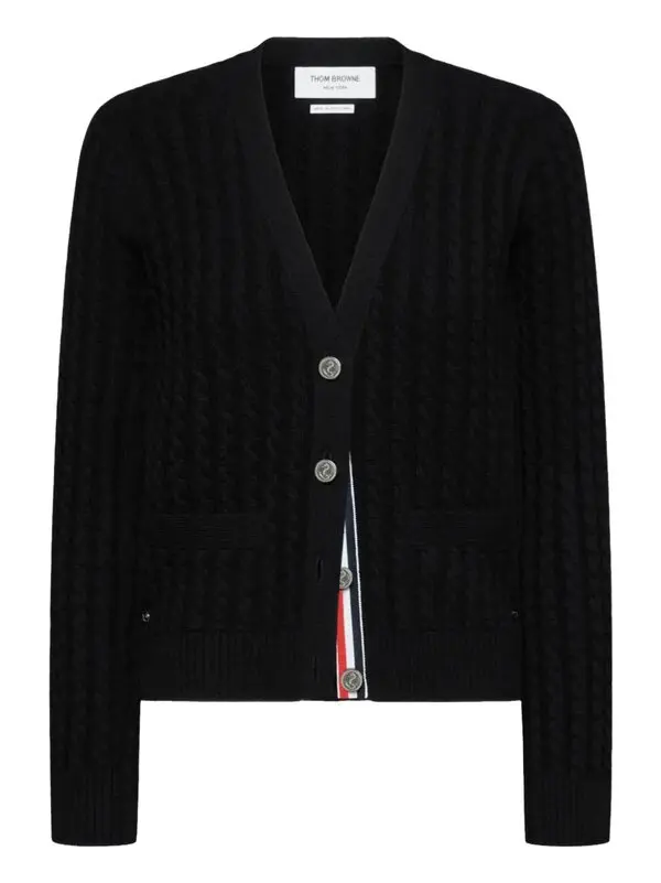 Thom Browne Cable-knit V-neck Cardigan With Rwb Grosgrain Piping - Black