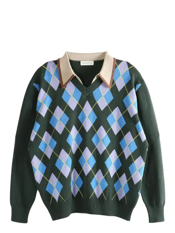 Dries Van Noten Argyle Knit Polo Sweater - Black