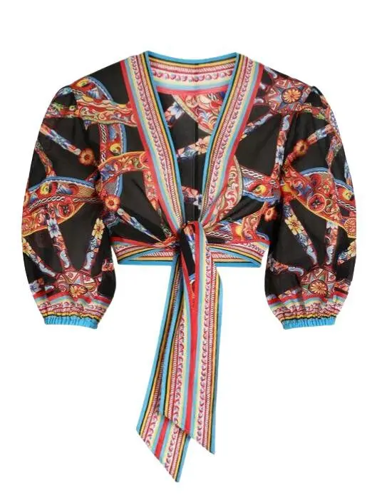 Dolce & Gabbana Printed V-neck Batiste Top - Multicolor