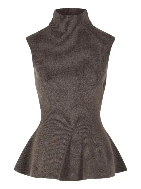 RÓHE Sleeveless Ribbed Knit High Neck Top With Ruffled Silhouette - Brown
