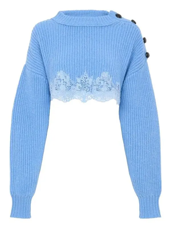 Chloé Cropped Lace-trimmed Knitted Sweater - Refreshing Blue