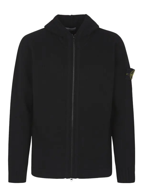 Stone Island Logo Patch Hooded Cardigan - Black