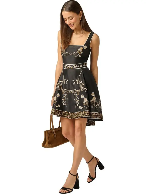 Adrianna Papell Embroidered Cotton Dress - Black Multi