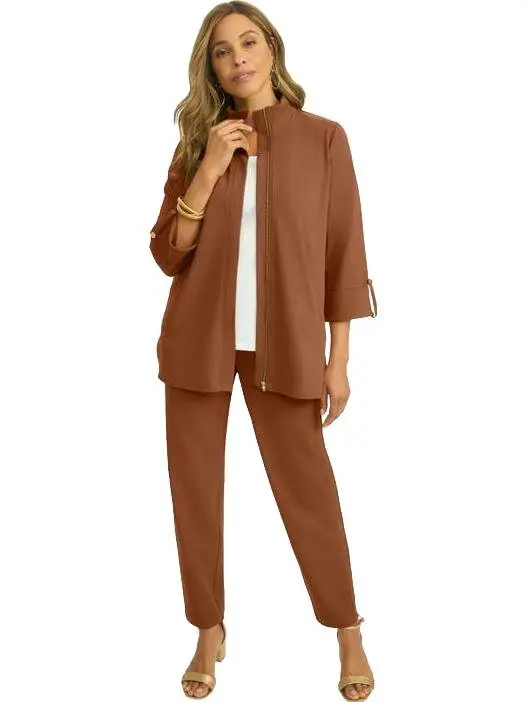 JESSICA LONDON Knit Crepe Winged Collar Two-piece Set - Cognac