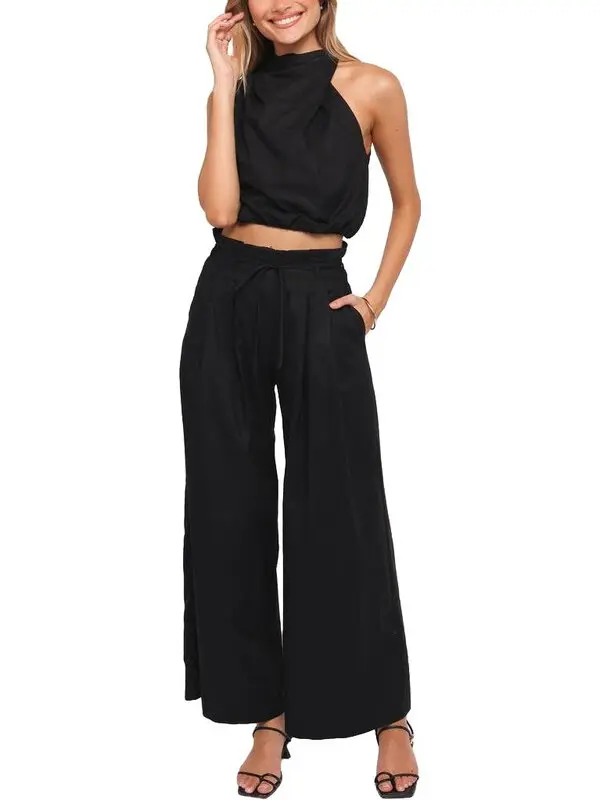 PETAL & PUP Linen & Cotton Mock Neck Crop Top And Wide Leg Pants Set - Black