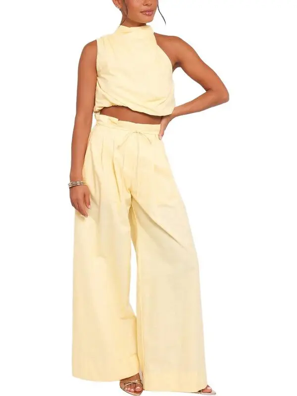 PETAL & PUP Linen & Cotton Mock Neck Crop Top And Wide Leg Pants Set - Yellow