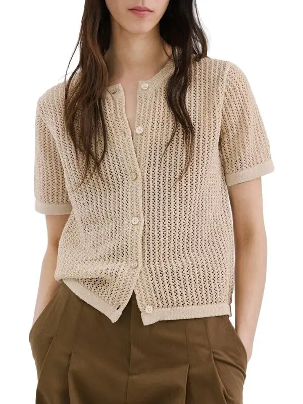 Mango Openwork Short Sleeve Cardigan - Sand
