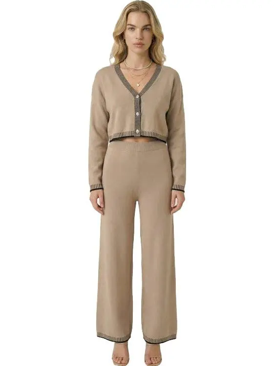 MODENAIRE Contrast Trim Knit Cardigan And Wide-leg Pant Set - Beige/black Trim