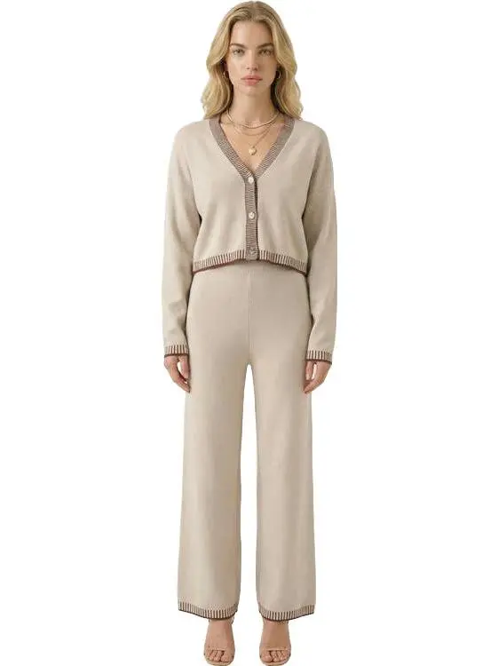MODENAIRE Contrast Trim Knit Cardigan And Wide-leg Pant Set - Beige/brown Trim