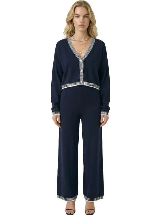 MODENAIRE Contrast Trim Knit Cardigan And Wide-leg Pant Set - Navy Blue